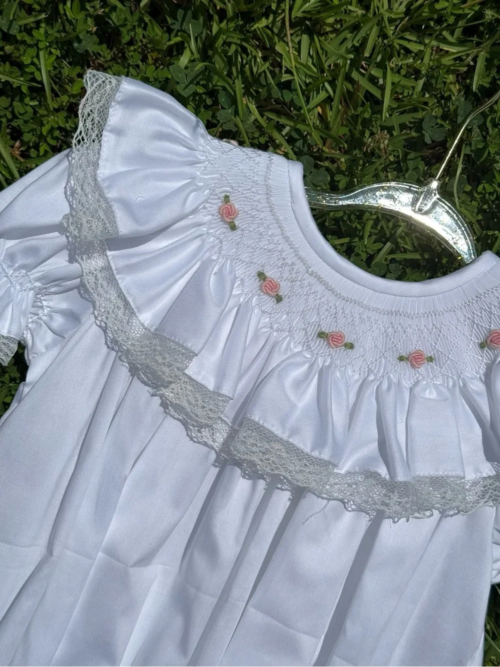 One Pieces | White Handsmocked Bubble With Embroidered Pink Flowers ...
